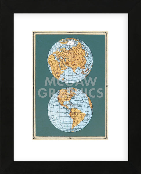 Map of the World’s Hemispheres, two views (Framed) | McGaw Graphics